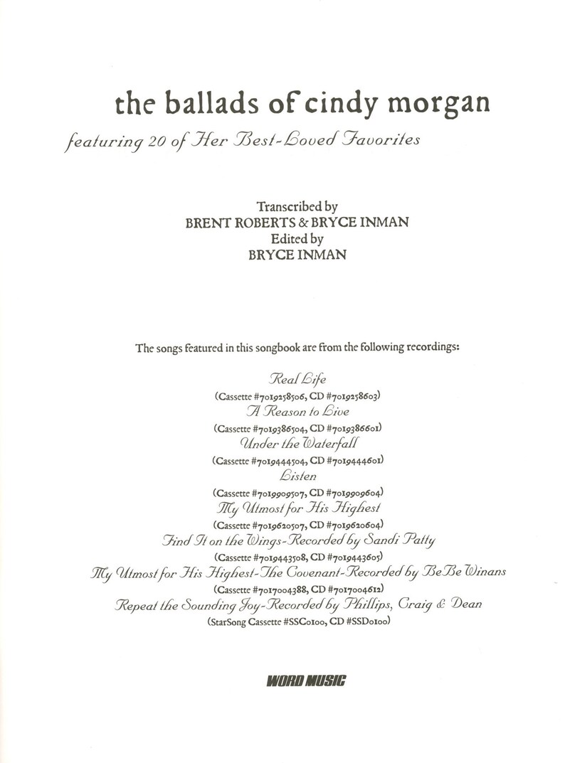 Cindy Morgan, the Ballads of Cindy Morgan 1996 Songbook, Sheet Music ...
