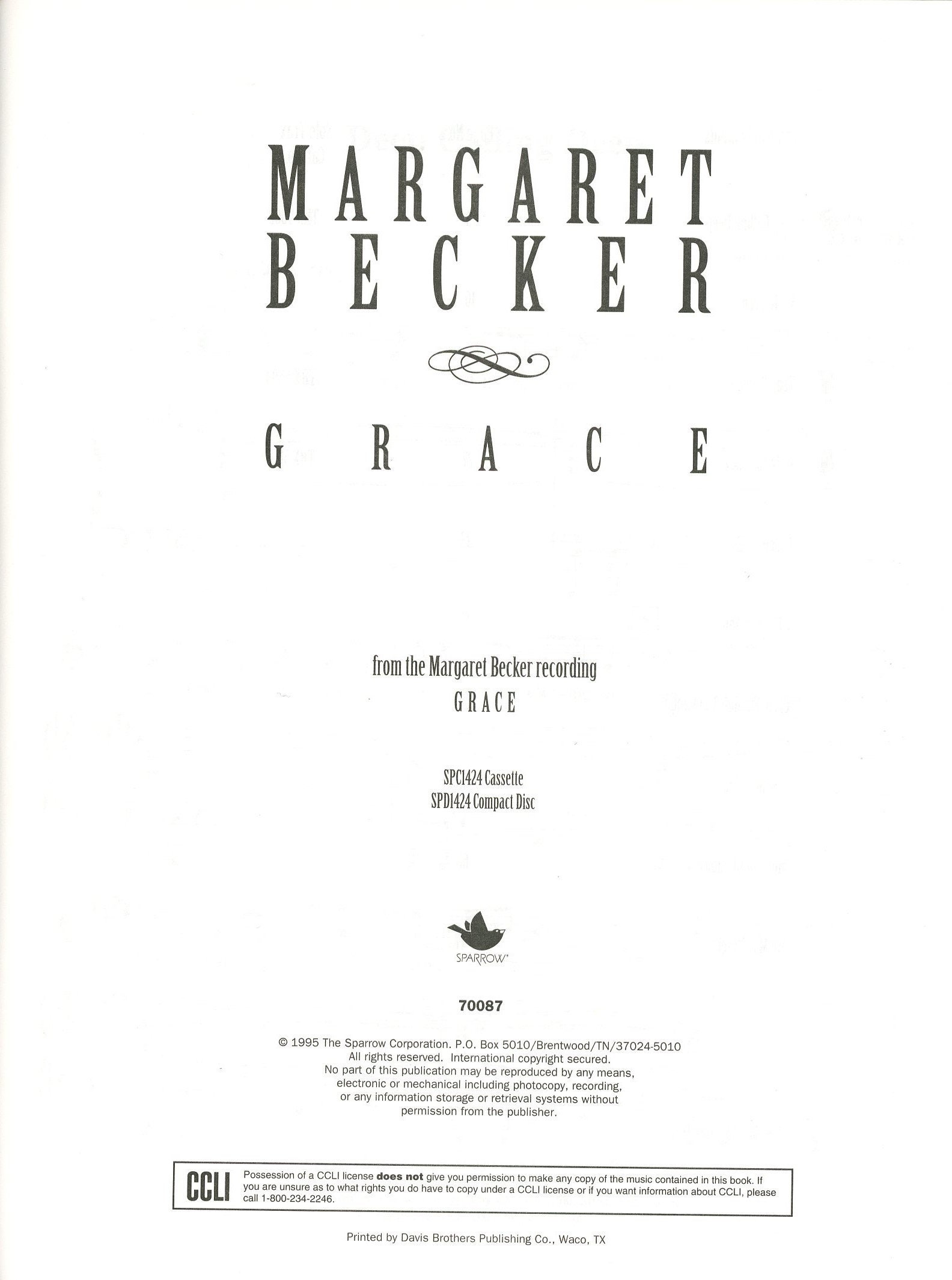 Margaret Becker, Grace Songbook, Sheet Music. Keyboard, Medium Voice ...