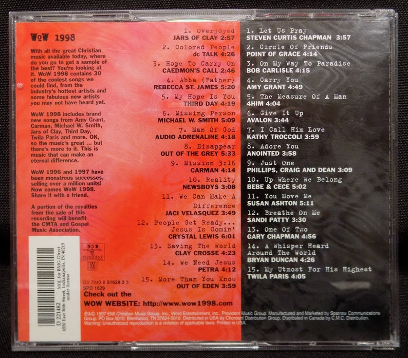 WOW 1998: the Year’s 30 Top Christian Artists and Songs 2-cds Red. 30 ...