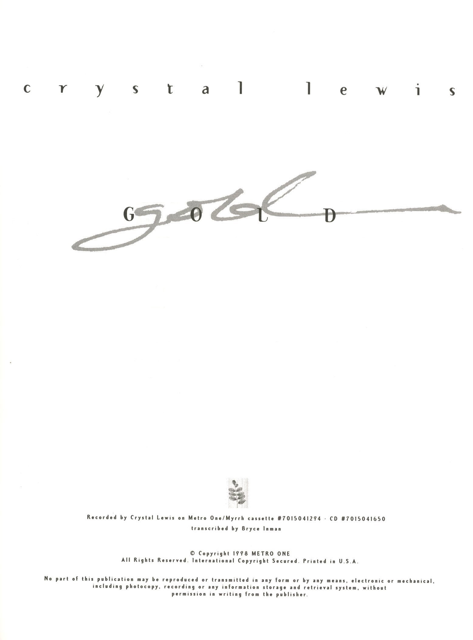 Crystal Lewis, Gold 1998 Songbook, Sheet Music, 94 Pages. Piano, Vocal ...