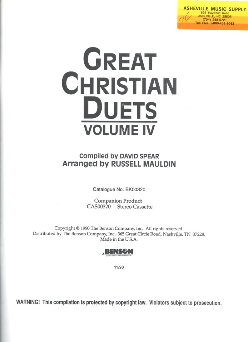 Great Christian Duets, Vol IV Songbook, 1990 Sheet Music, 80 Pages, 10 ...