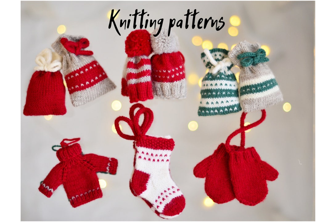 Mini Christmas Decorations Knitting Pattern Set: Bags, Stockings, Hats ...