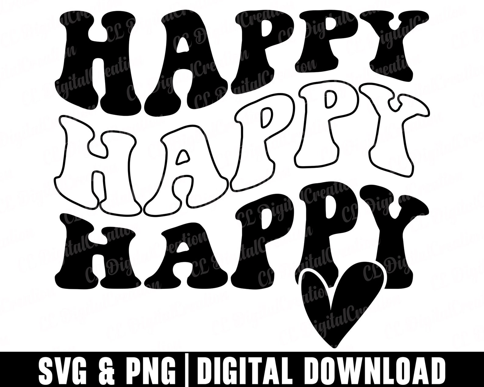 Happy Svg, Wavy Letters Svg, Heart Svg, Digital Download, Happiness Svg ...