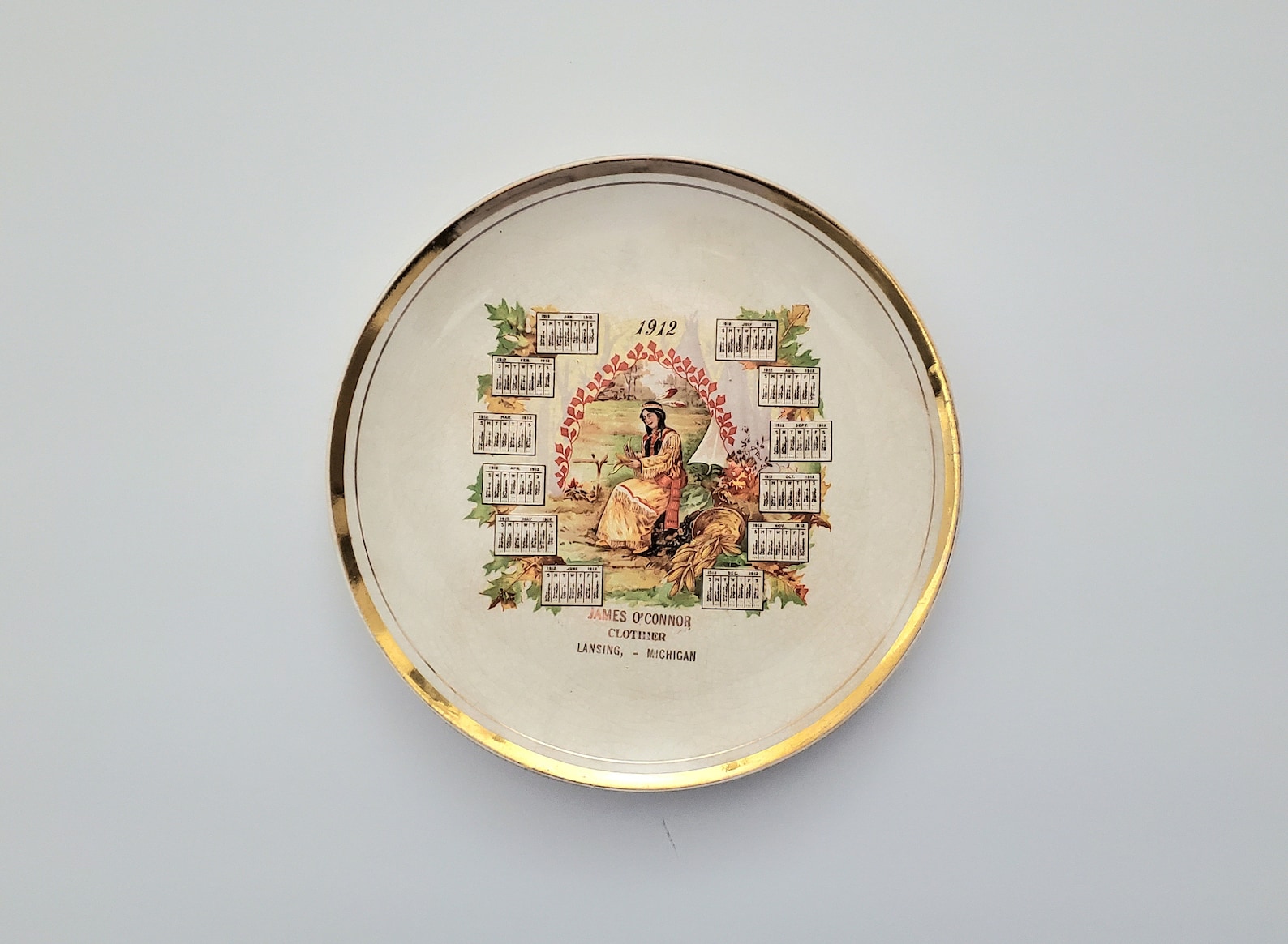 1912 Calendar Plate, Leap Year, Native American Woman, Dresden China ...