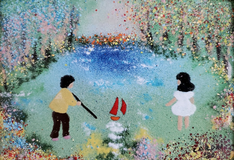 1980 Louis Cardin Enamel on Copper Painting, Children With Toy Boat - Etsy