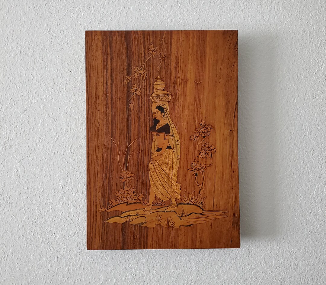 Wood Marquetry Vintage Wall Art, Woman With Basket - Etsy