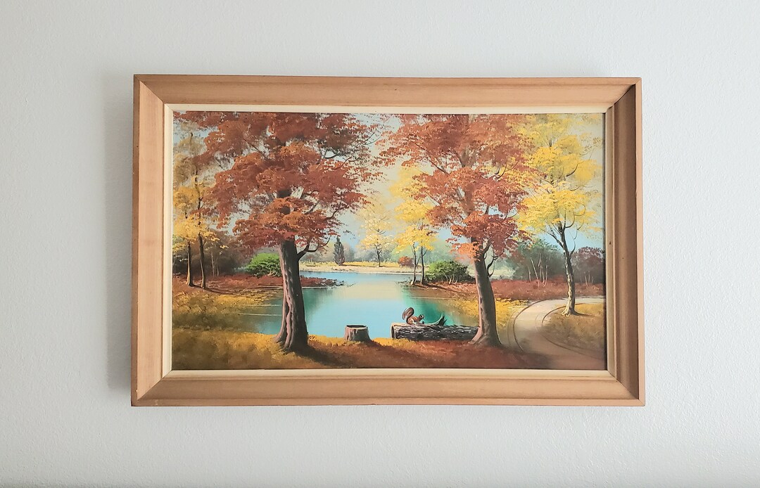 1970 Arthur Bard Oil Painting, Autumn Landscape With Squirrel - Etsy
