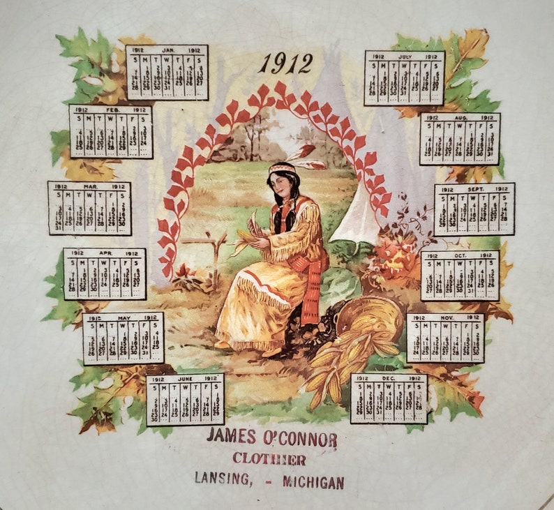 1912 Calendar Plate, Leap Year, Native American Woman, Dresden China ...