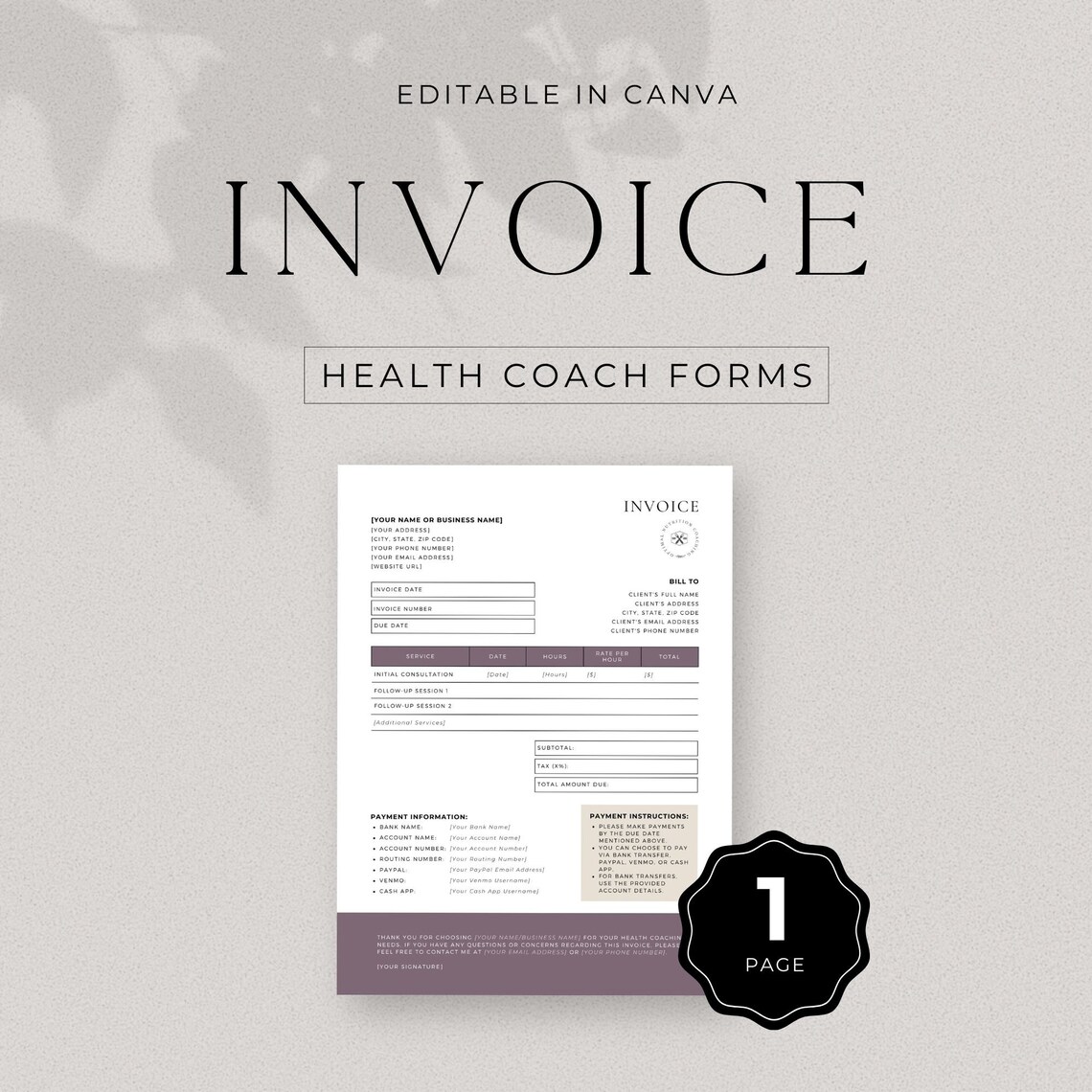 Health Coach Invoice Template, Receipt Template, Invoice Download ...