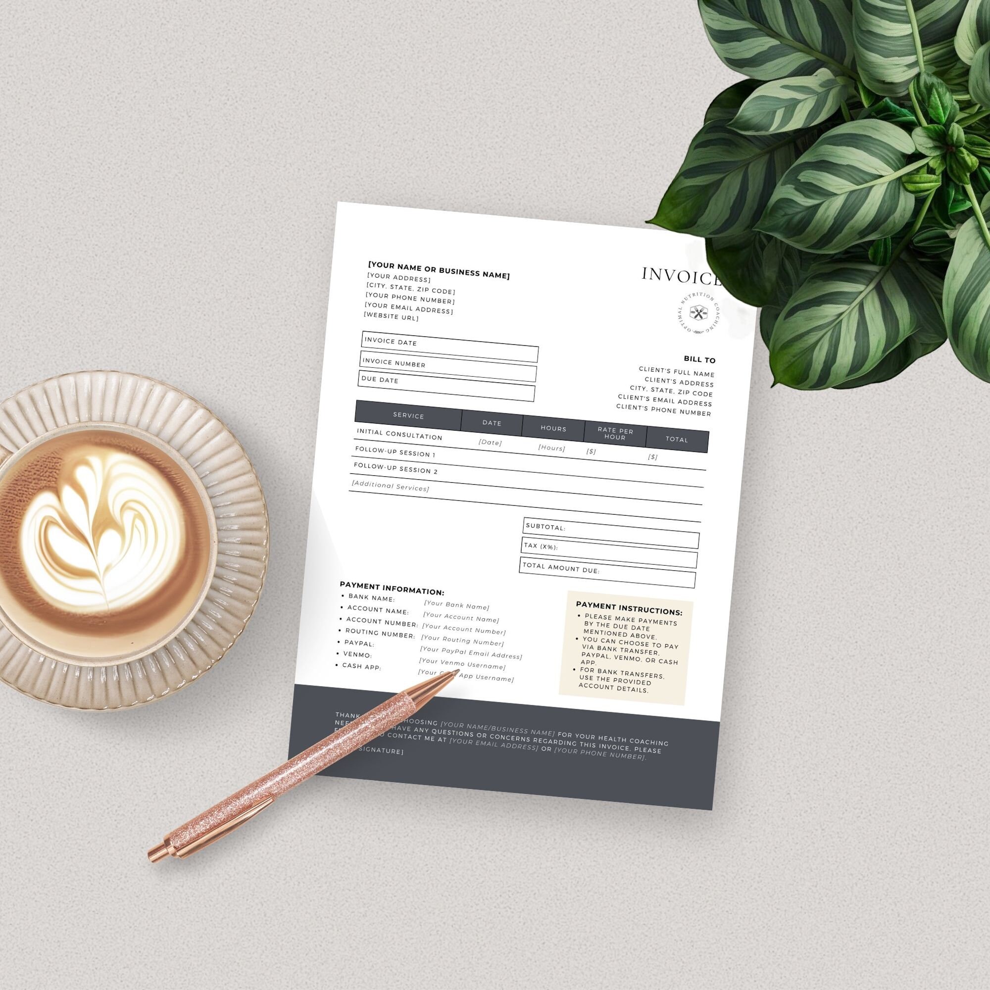 Health Coach Invoice, Printable Invoice, Receipt Template, Invoice ...