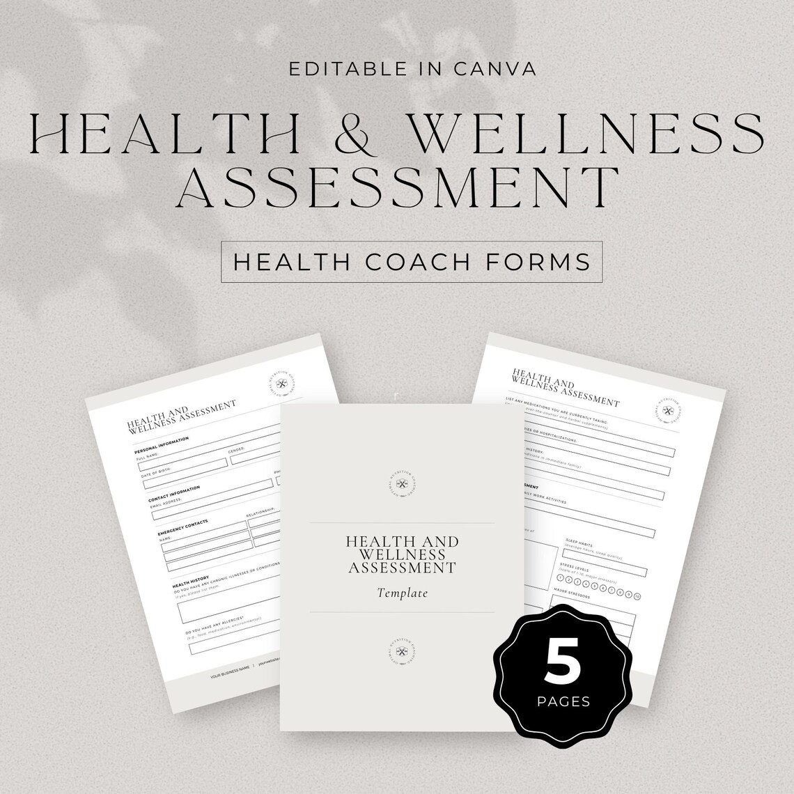 Health Coach Health and Wellness Assessment Forms, Coaching Form ...