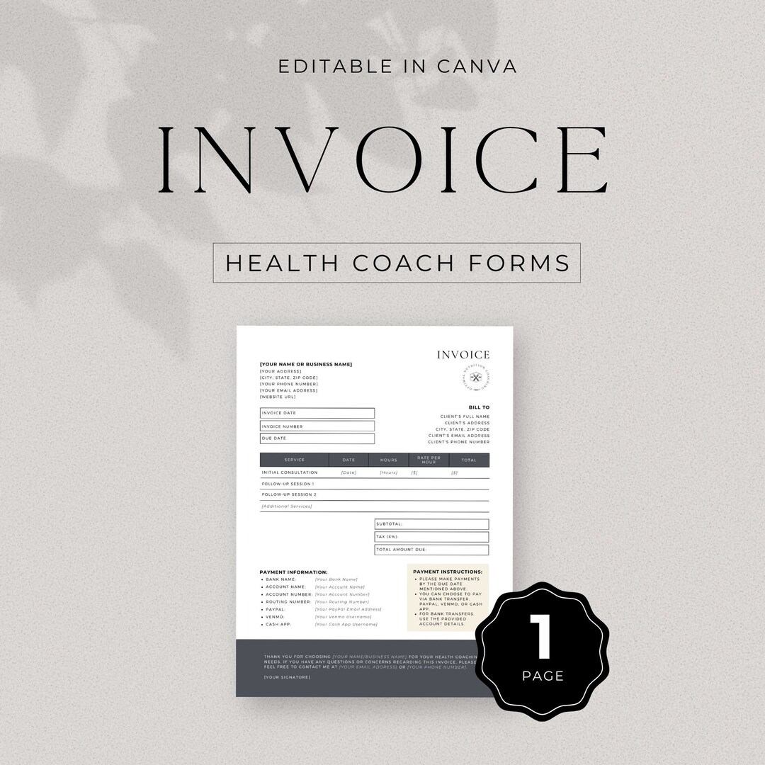 Health Coach Invoice, Printable Invoice, Receipt Template, Invoice ...