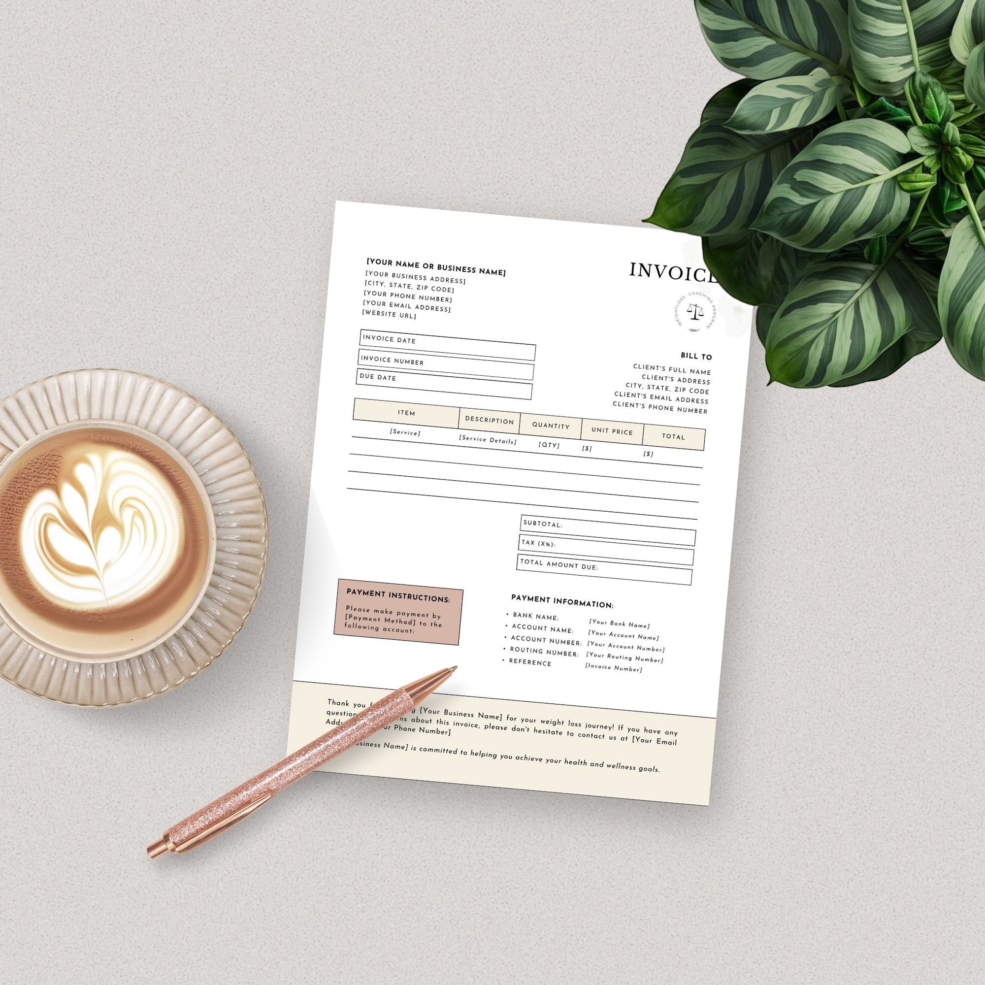Weight Loss Coach Invoice Template Editable Canva Professional Receipt ...