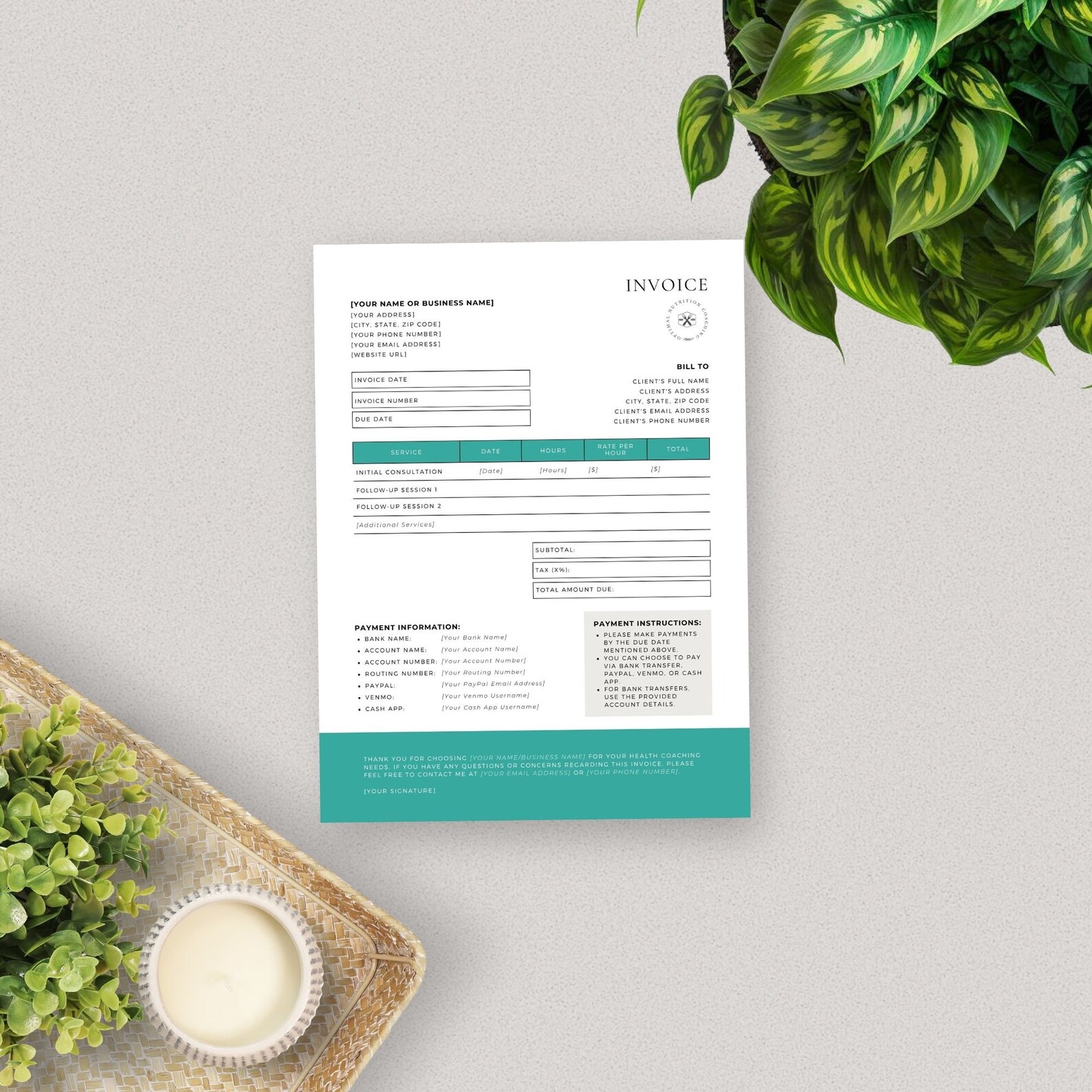 Health Coach Invoice, Client Invoice Form, Printable Invoice, Health ...