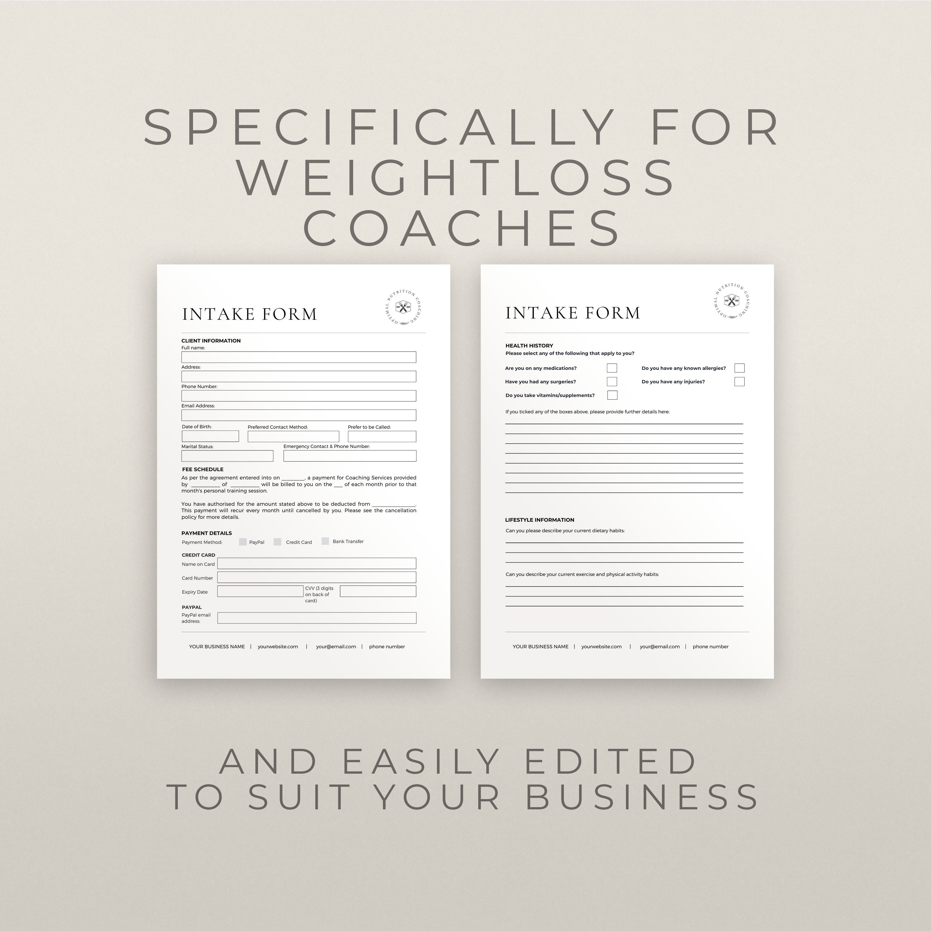 Weightloss Coach Intake Form, Fitness Coaching Forms, Personal Training ...