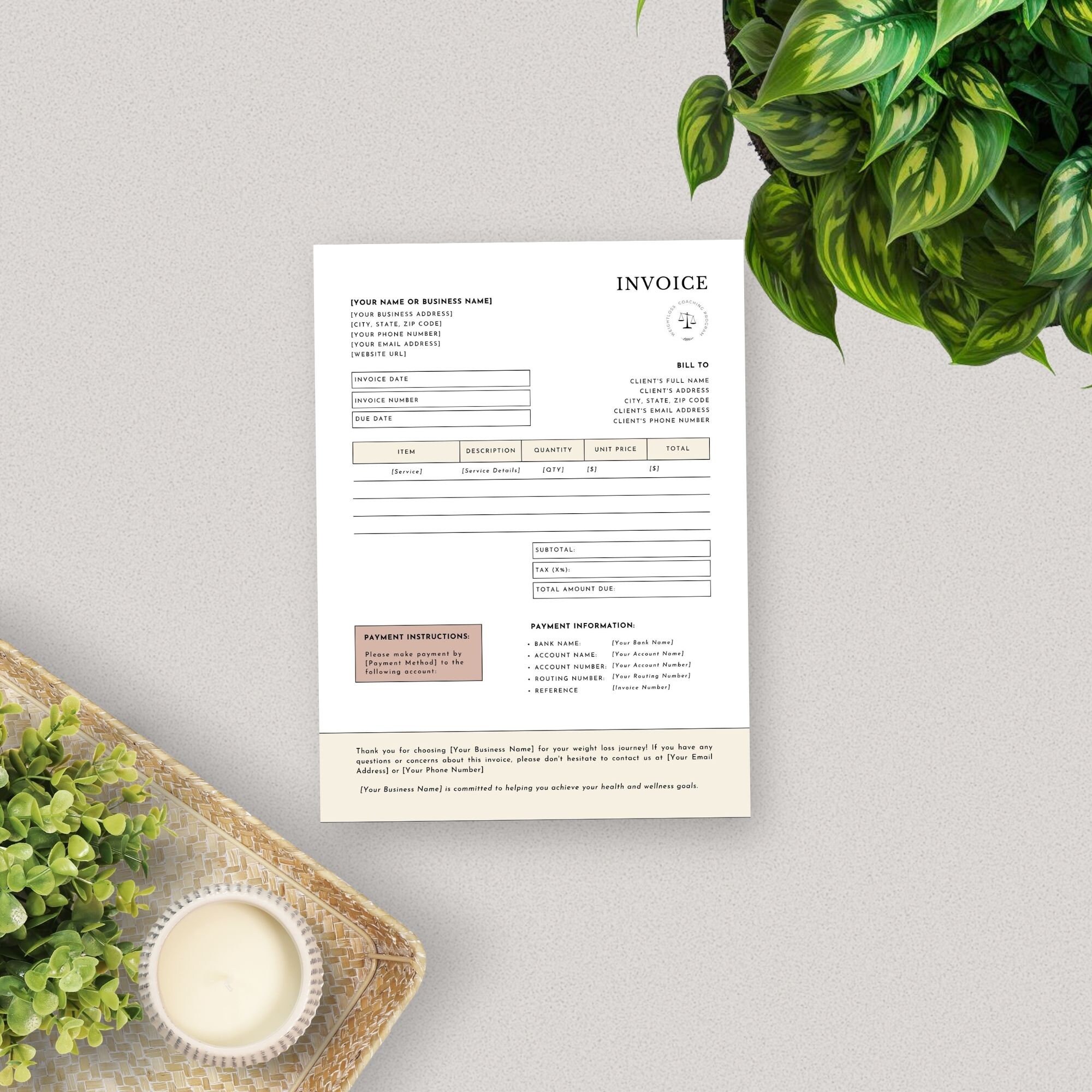 Weight Loss Coach Invoice Template, Editable Invoice, Coaching ...