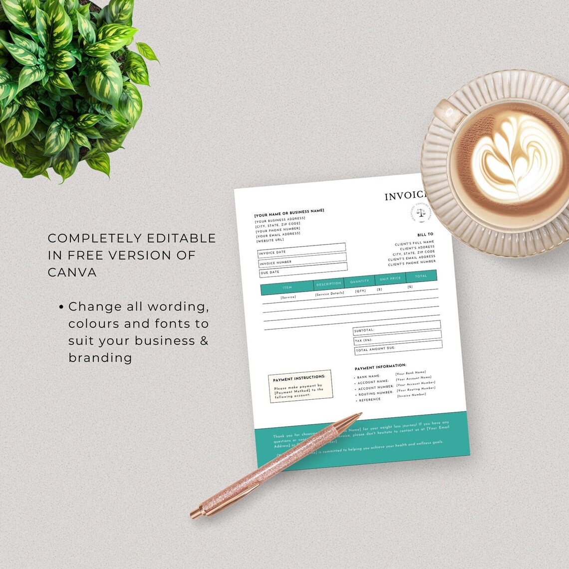 Weight Loss Coach Invoice Template, Canva Template, Onboarding Client ...