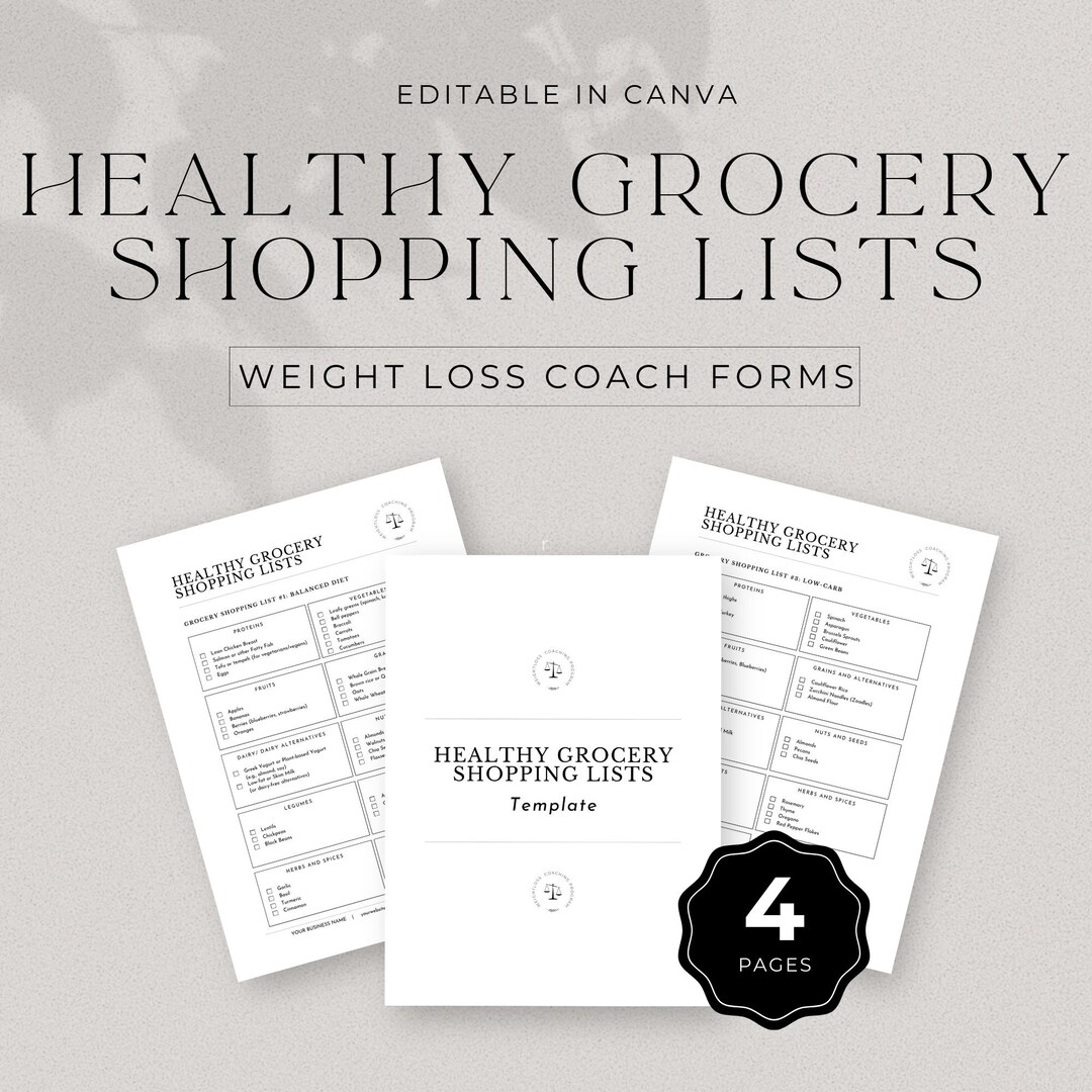 Weight Loss Coach Healthy Grocery List Template Editable Canva Meal ...