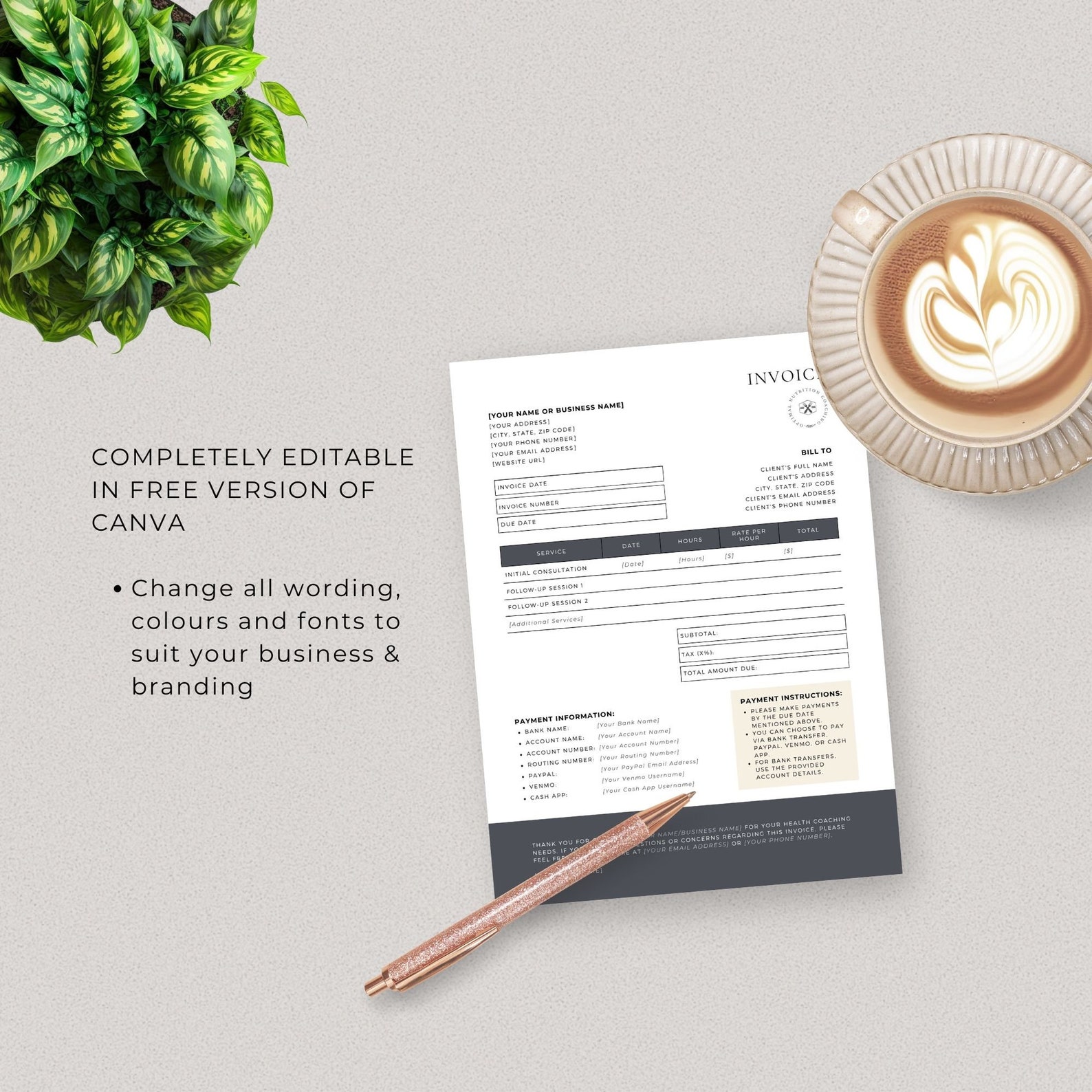 Health Coach Invoice, Printable Invoice, Receipt Template, Invoice ...