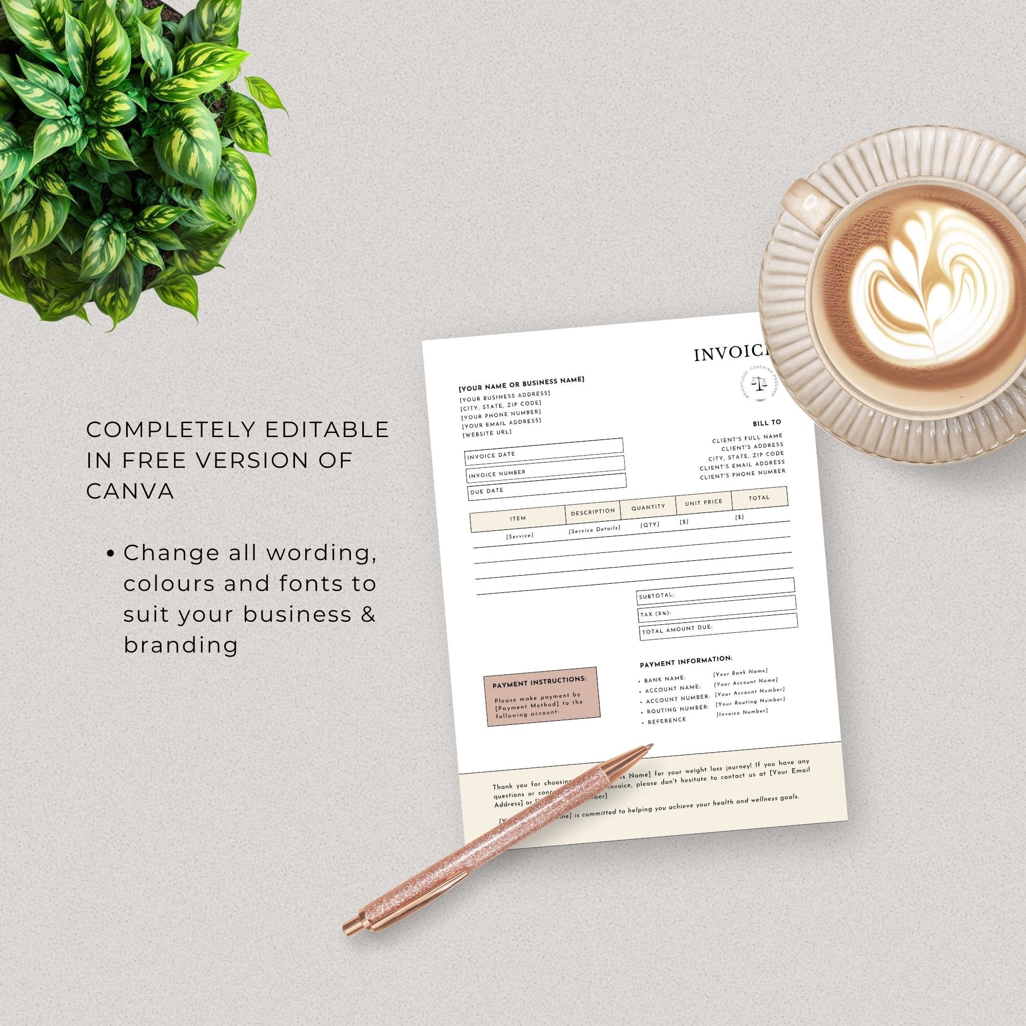 Weight Loss Coach Invoice Template, Editable Invoice, Coaching ...