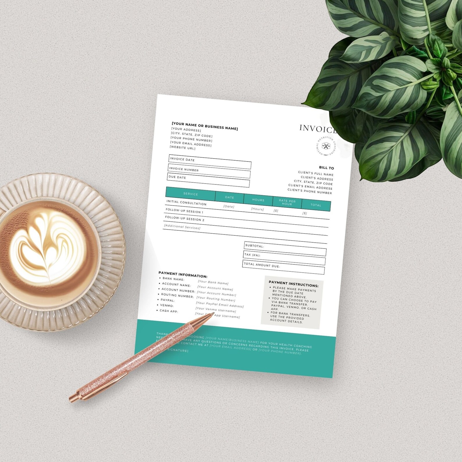 Health Coach Invoice, Client Invoice Form, Printable Invoice, Health ...