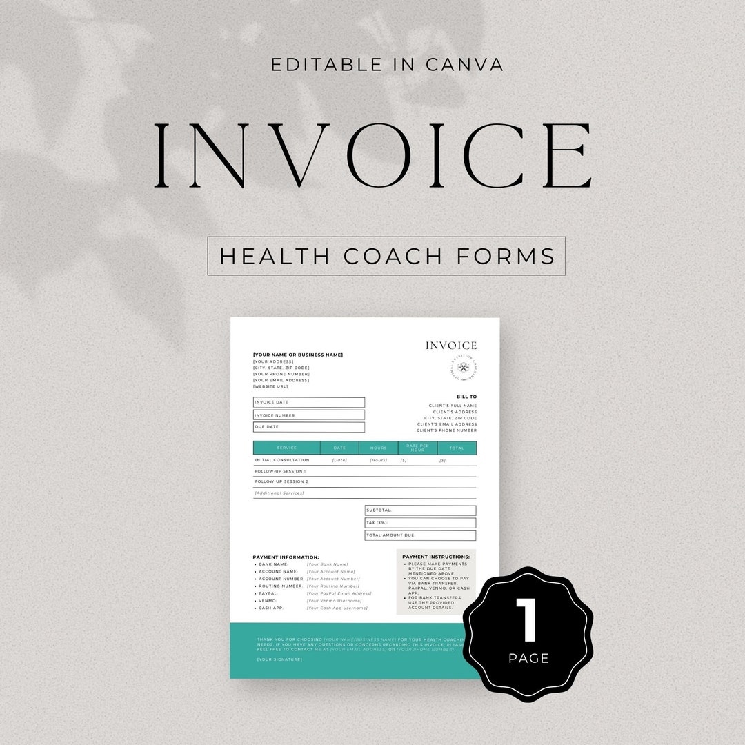 Health Coach Invoice, Client Invoice Form, Printable Invoice, Health ...