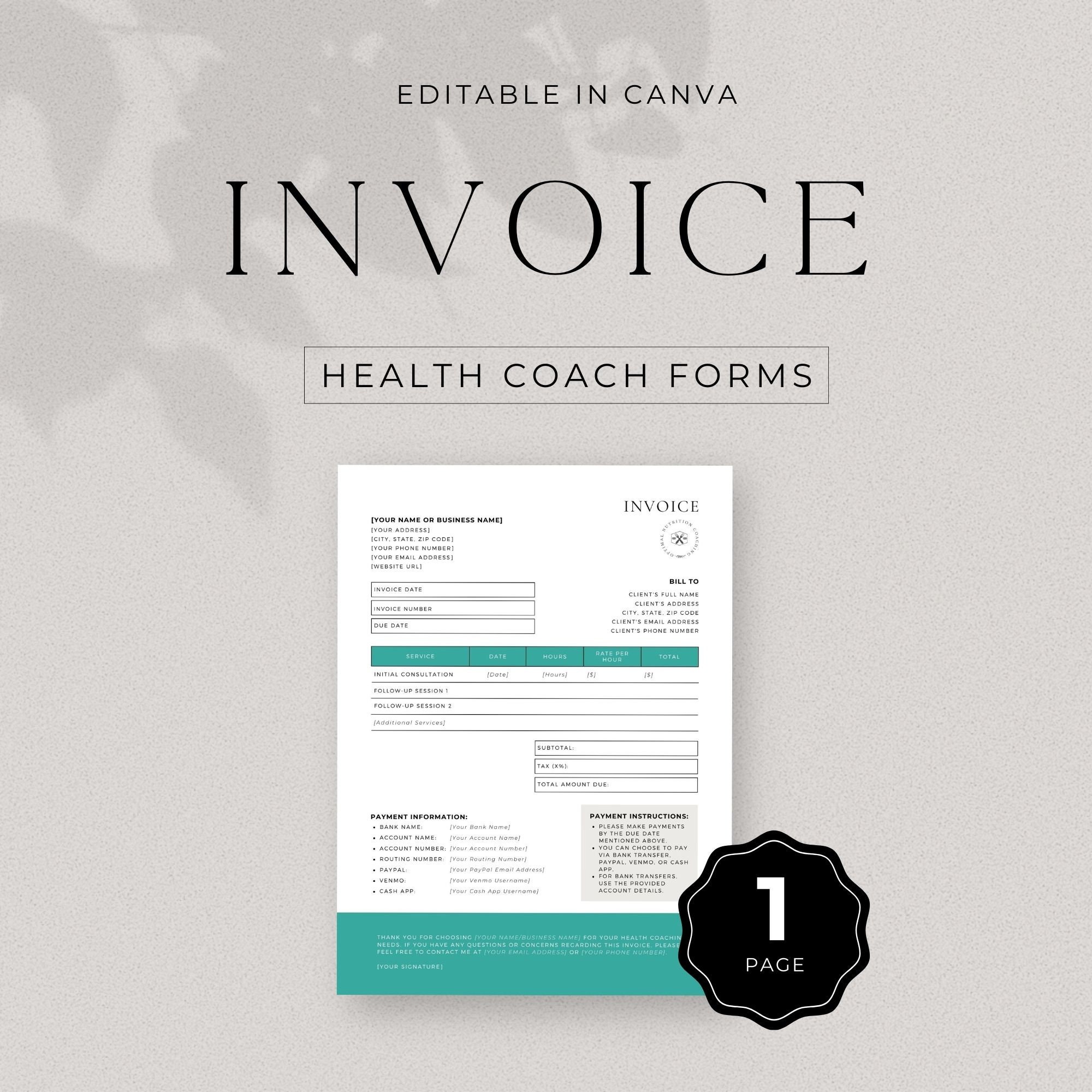 Health Coach Invoice, Client Invoice Form, Printable Invoice, Health ...