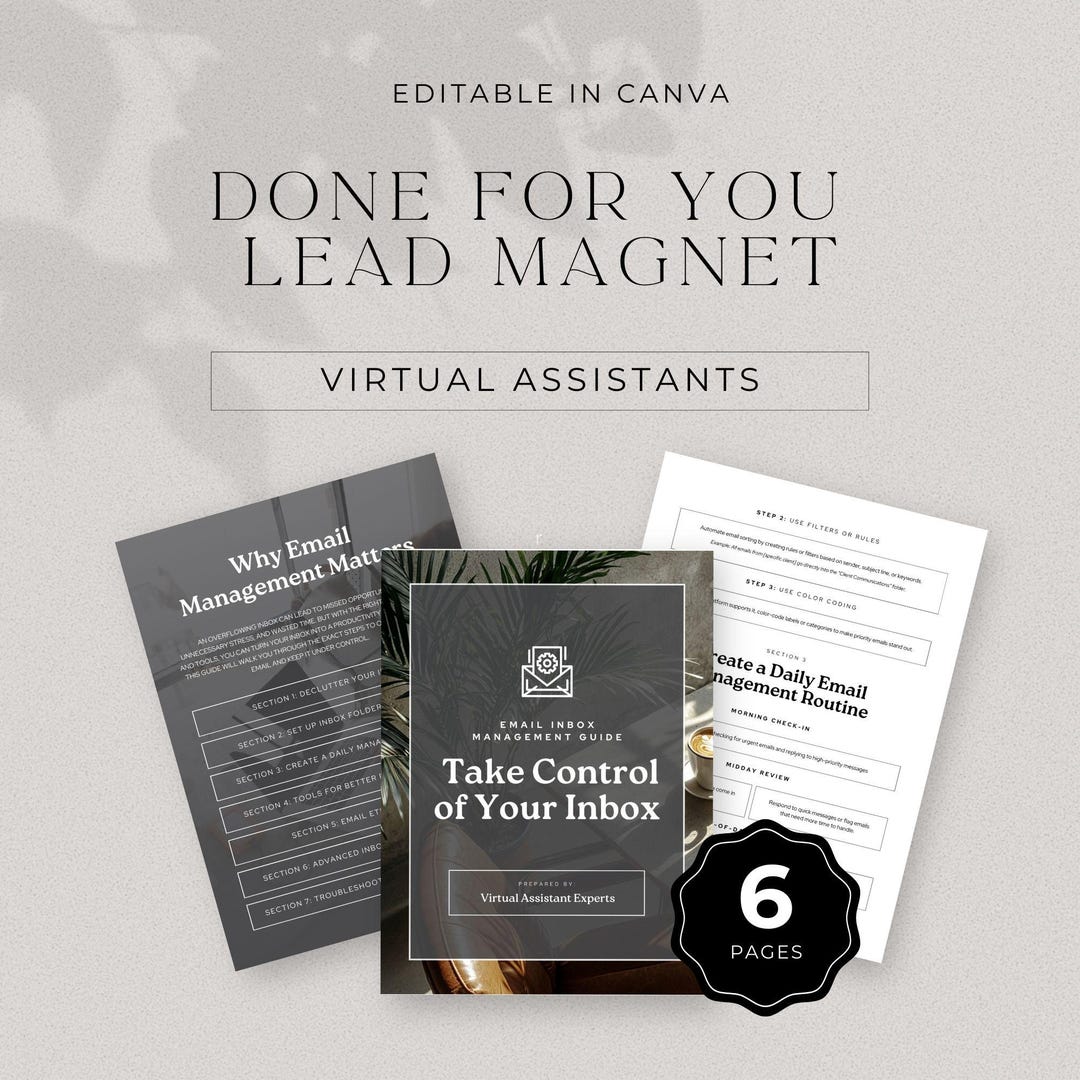 Editable Canva Template, Lead Magnet for Virtual Assistants, Email Inbox Management Kit, Done ...
