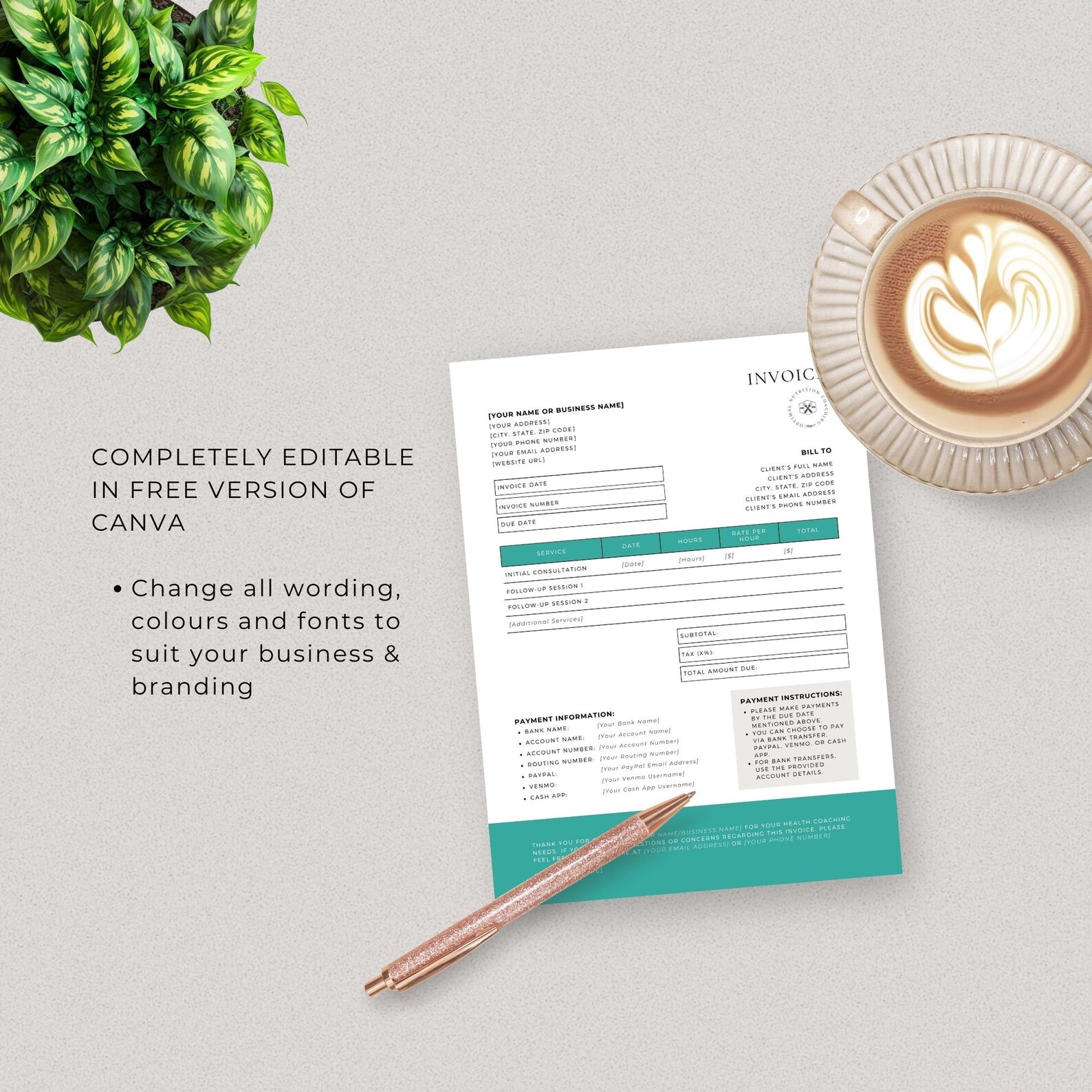 Health Coach Invoice, Client Invoice Form, Printable Invoice, Health ...