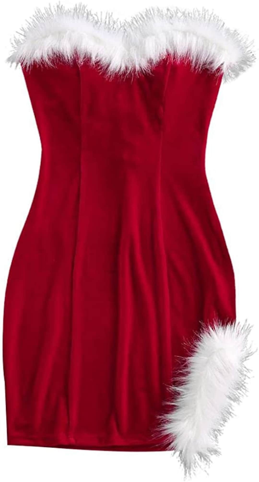 Women's Christmas Mini Dress Faux Fur Strapless Red Santa - Etsy