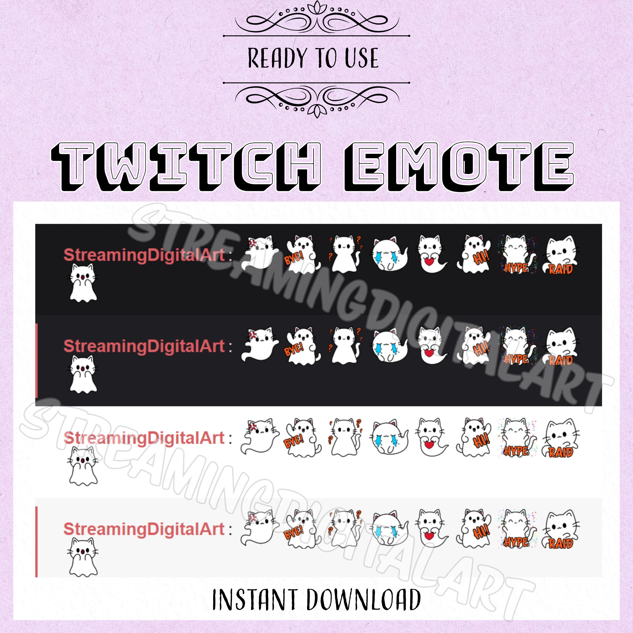 Set of Ghost Kitty Emotes | Angry Bye Confused Cry Heart Hi Hype Raid ...