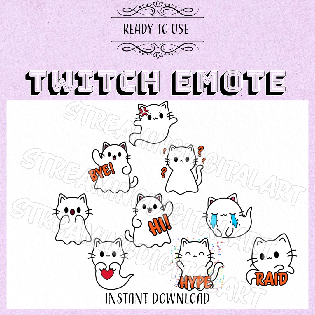 Set of Ghost Kitty Emotes | Angry Bye Confused Cry Heart Hi Hype Raid ...