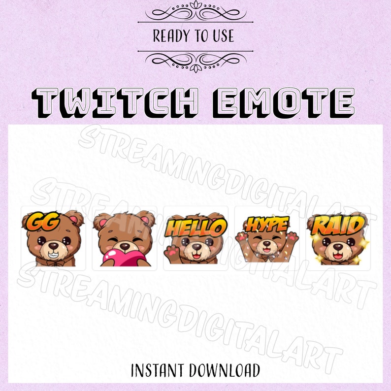 Teddy Bear Emote Set Cute Twitch Emotes GG, Heart, Hello, Hype, Raid ...