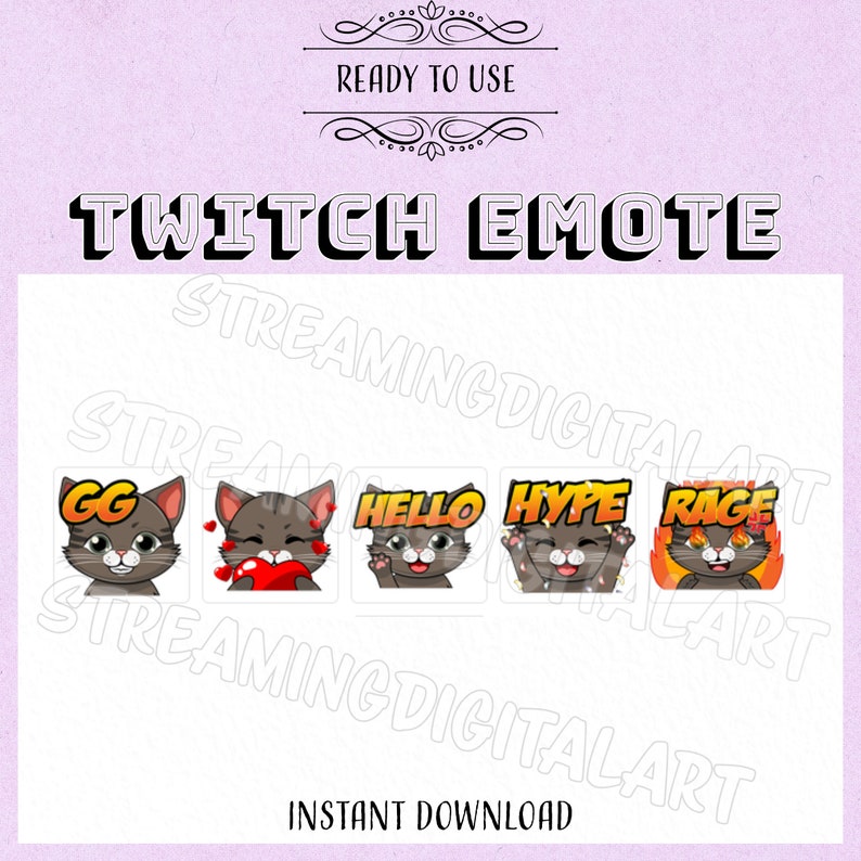 Gray Cat Emote Set Cute Twitch Emotes Heart, Hello, GG, Rage, Hype ...