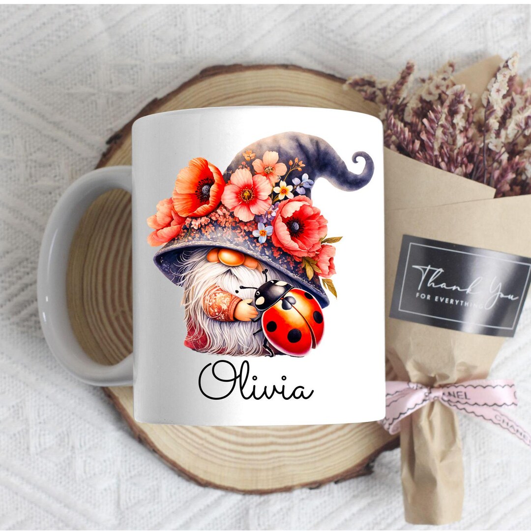 Personalized Gnome Mug - Ladybug Gnome Coffee Mug - Cute Customized ...