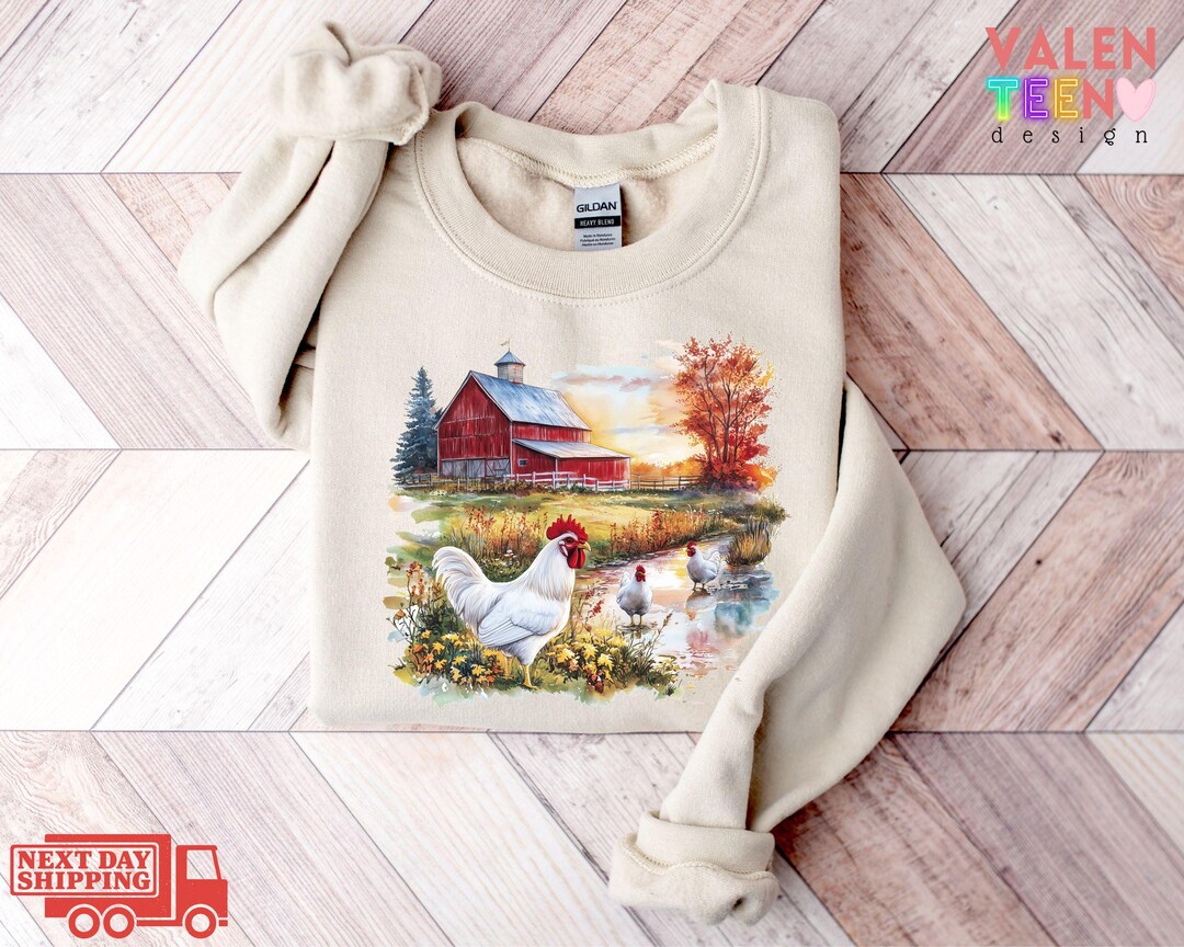 Retro Chicken & Red Barn Sweatshirt – Fall Farm Crewneck - Etsy