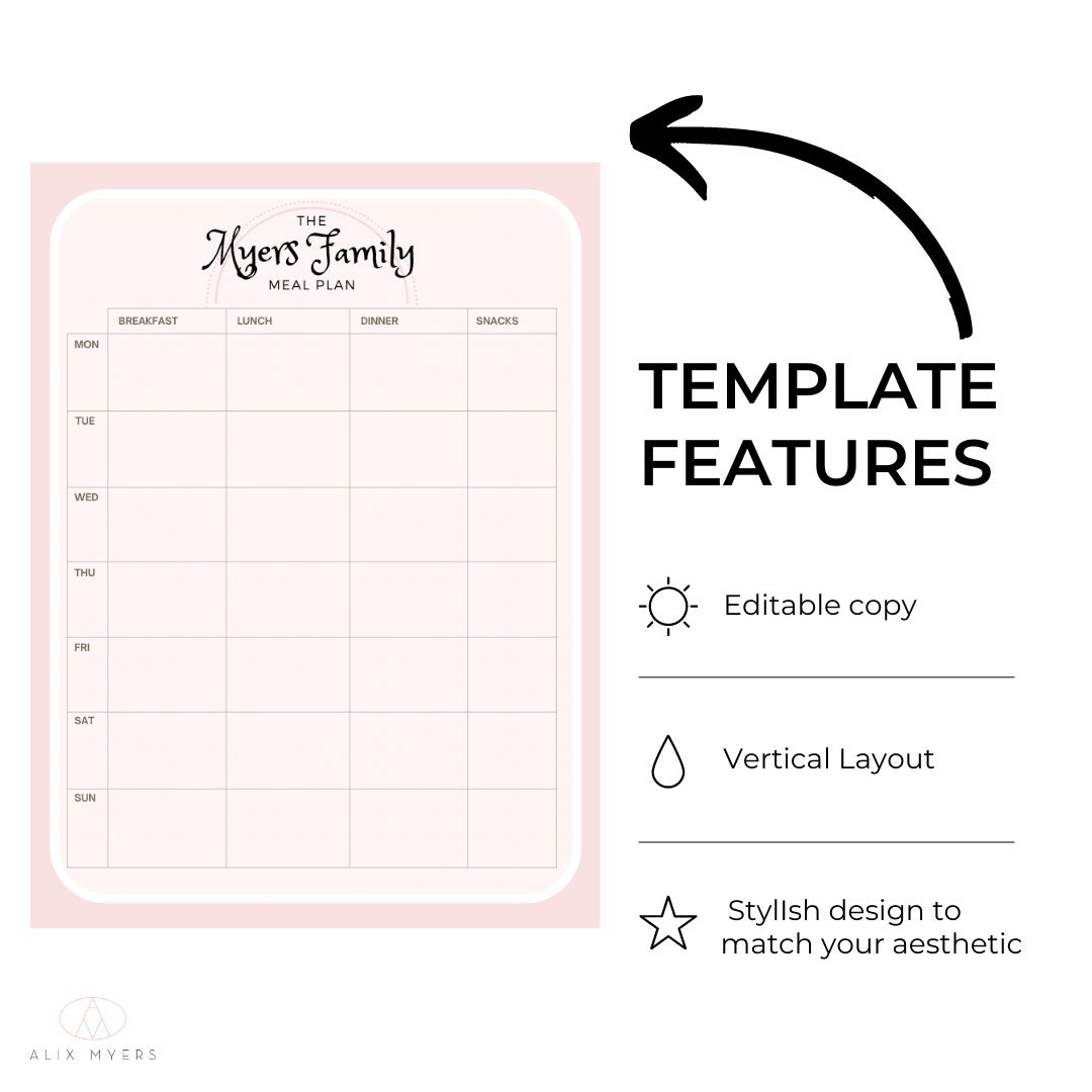 PINK Editable Meal Plan, Printable Weekly Meal Planner, Family ...