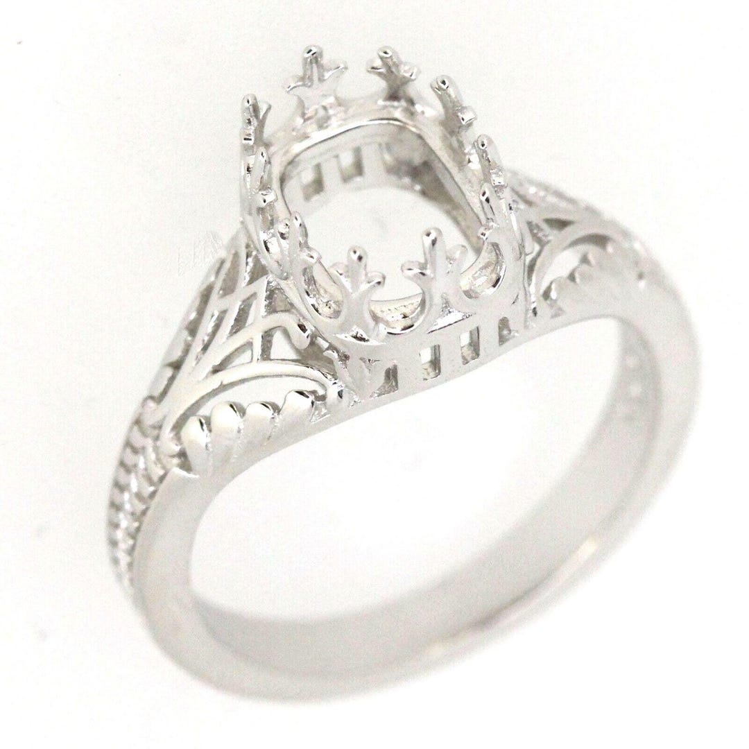 Sterling Silver Semi Mount Ring Setting Cushion CU 9x7mm Art Deco Style ...