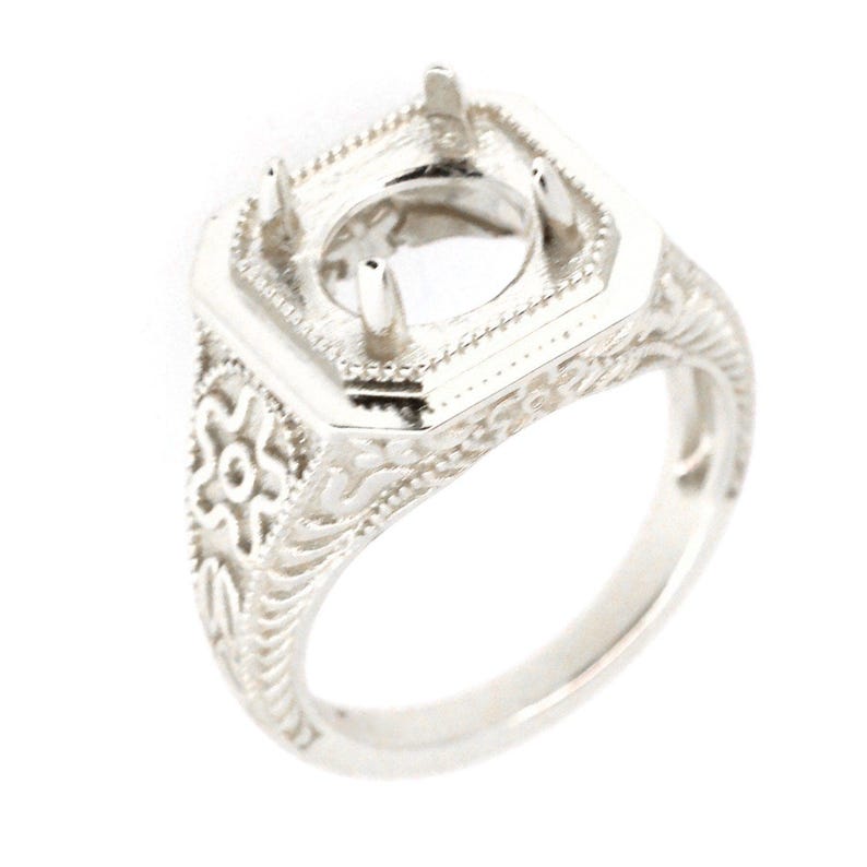 Sterling Silver Semi Mount Ring Setting Round RD 8x8mm Art Deco Style ...