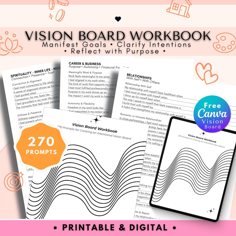 Printable Vision Board Workbook, 270 Wheel of Life Journal Prompts ...