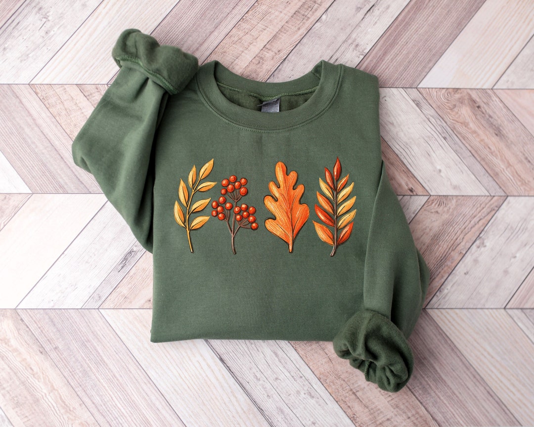 Autumn Fall Maple Leaves Military Green Crewneck Sweatshirt, Fall ...