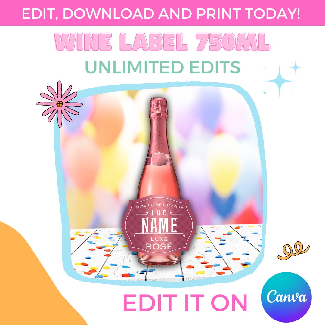 Wine Label Luxe Rosé 750ml | Canva Template | Instant Download ...
