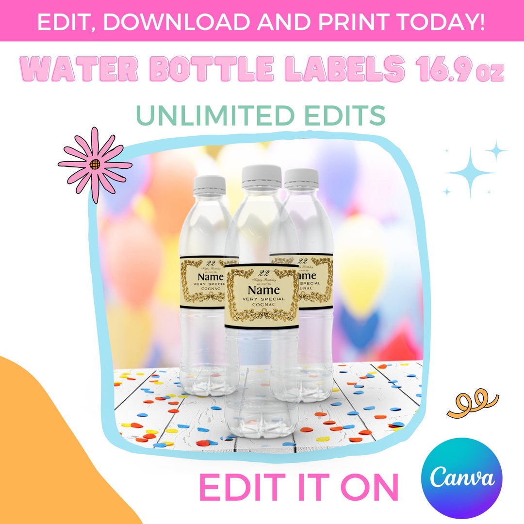 Cognac Water Bottle Labels | Canva Template | Instant Download ...