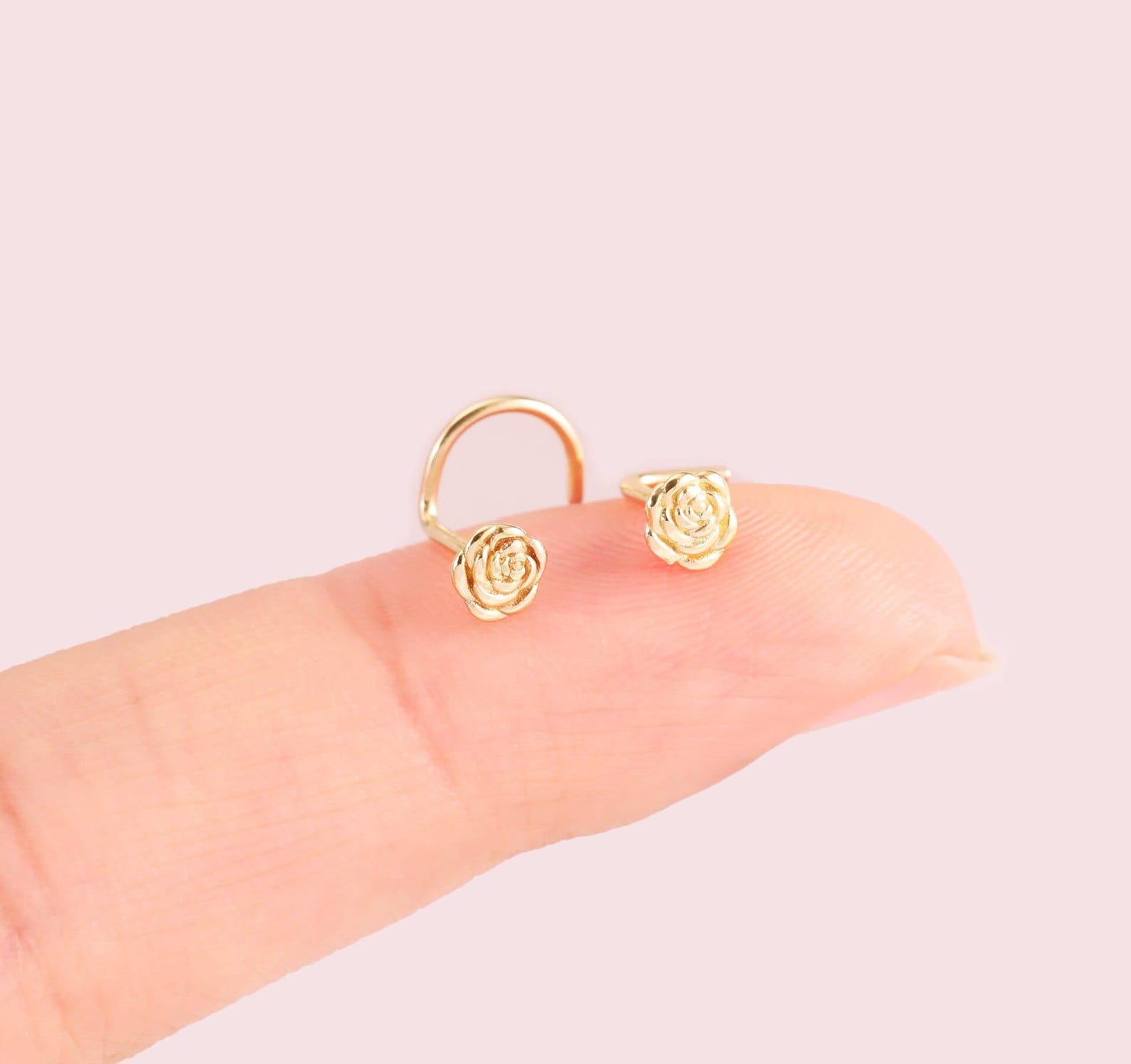 14k Solid Gold Rose Nose Stud, Tiny L Shape Flower Nose Ring, Dainty ...