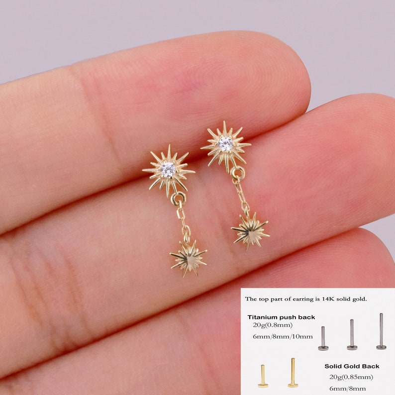 14k Solid Gold Tiny Starburst Dangle CZ Cartilage Earring Helix Star ...