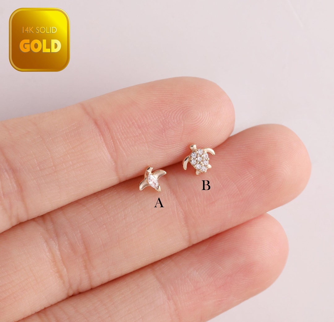 14K Solid Gold Turtle Labret Stud Turtles Stud Earring Threadless Penguin Stud Helix Stud Flat ...