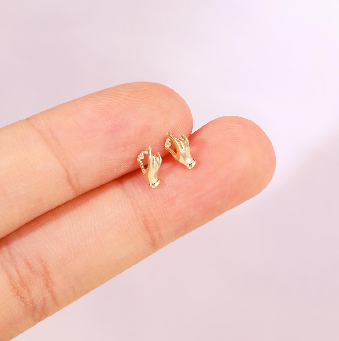 14K Solid Gold Delicate Hand Stud Earring Hand Tragus Piercing Gothic Helix Stud Soft Hand Heart ...