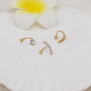 14k Solid Gold U Shape Double Hole Screw Ball Ear Piercing Open Huggie Earring Tragus Helix ...