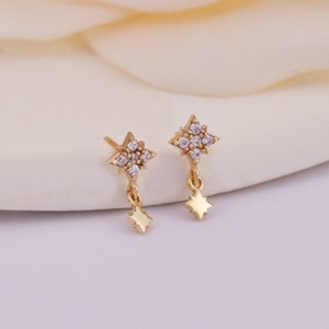 14K Solid Gold Star Dangle Cartilage Earring Tiny Star Stud Push Pin Labret Stud Star Helix Stud ...
