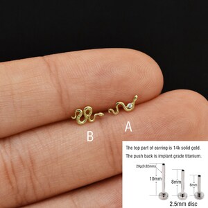 14k Solid Gold Snake Stud Snake Tragus Earring Snake Helix Conch Stud ...
